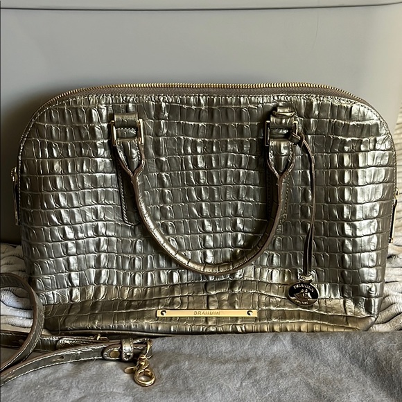 Brahmin | Bags | Brahmin Gray Satchel Bag With Elegant Design Gold ...